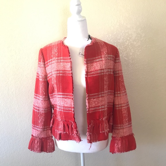 Dex | Jackets & Coats | New Dex Boucle Tweed Plaid Ruffle Jacket Blazer ...